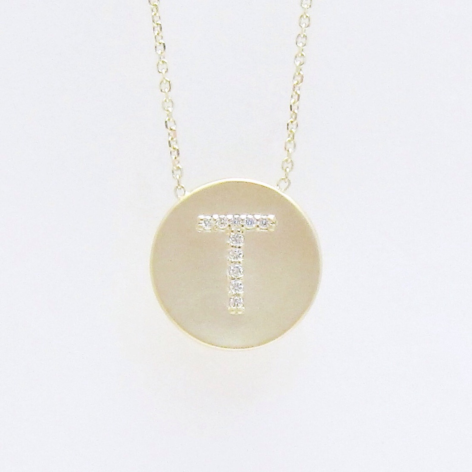 Diamond Initial Disc Necklace 14k Yellow White or Rose | Etsy