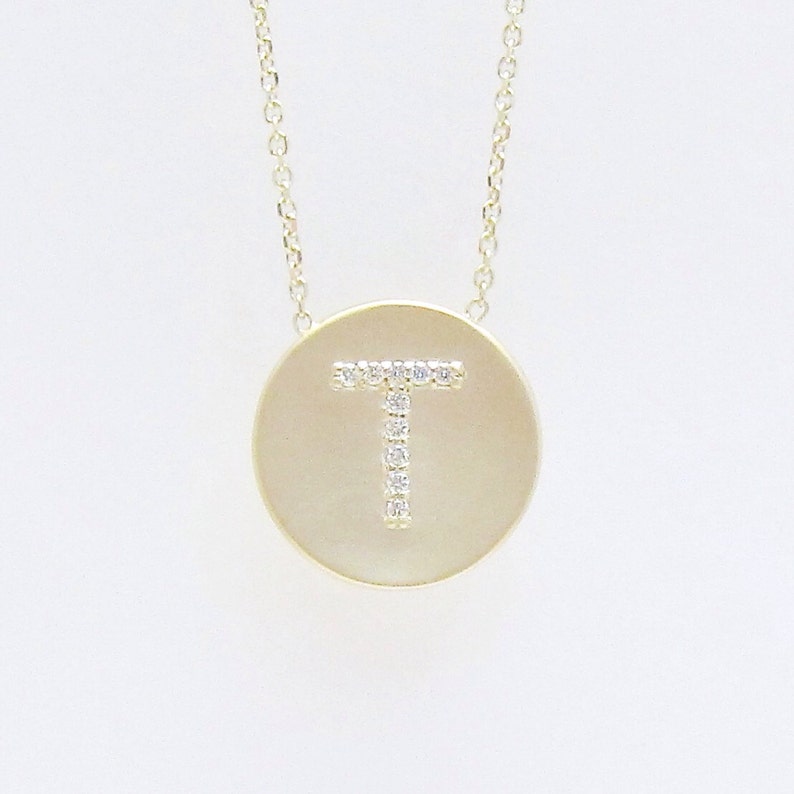 Diamond Initial Disc Necklace 14k Yellow White or Rose | Etsy