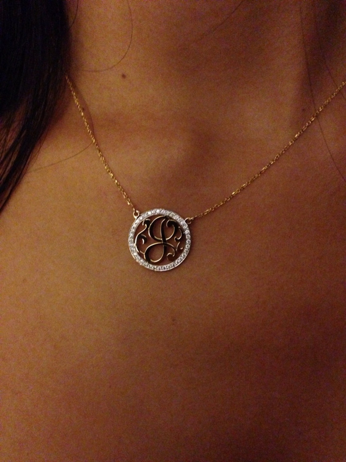 Mini Initial Monogram Necklace With Diamond Outline 14k - Etsy