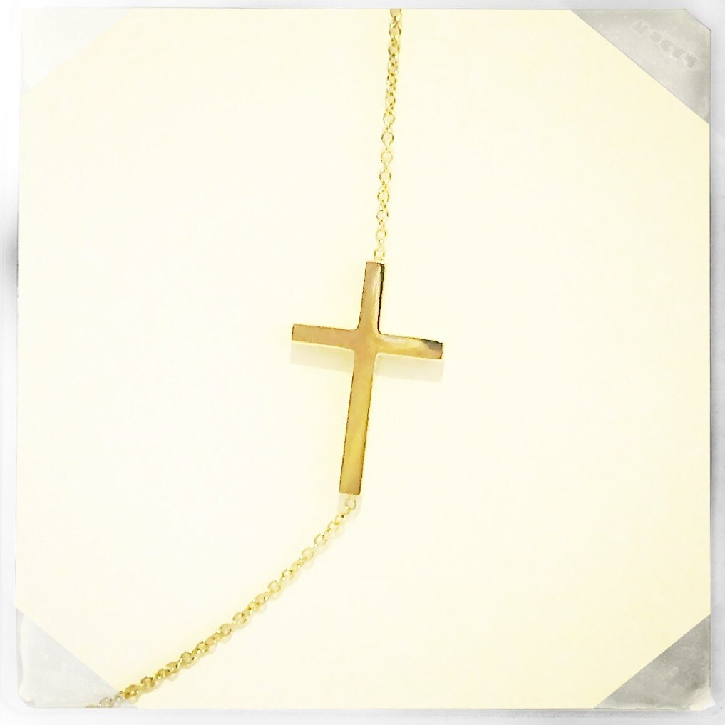 Medium 14k Gold Off-center Sideways Cross Necklace | Etsy