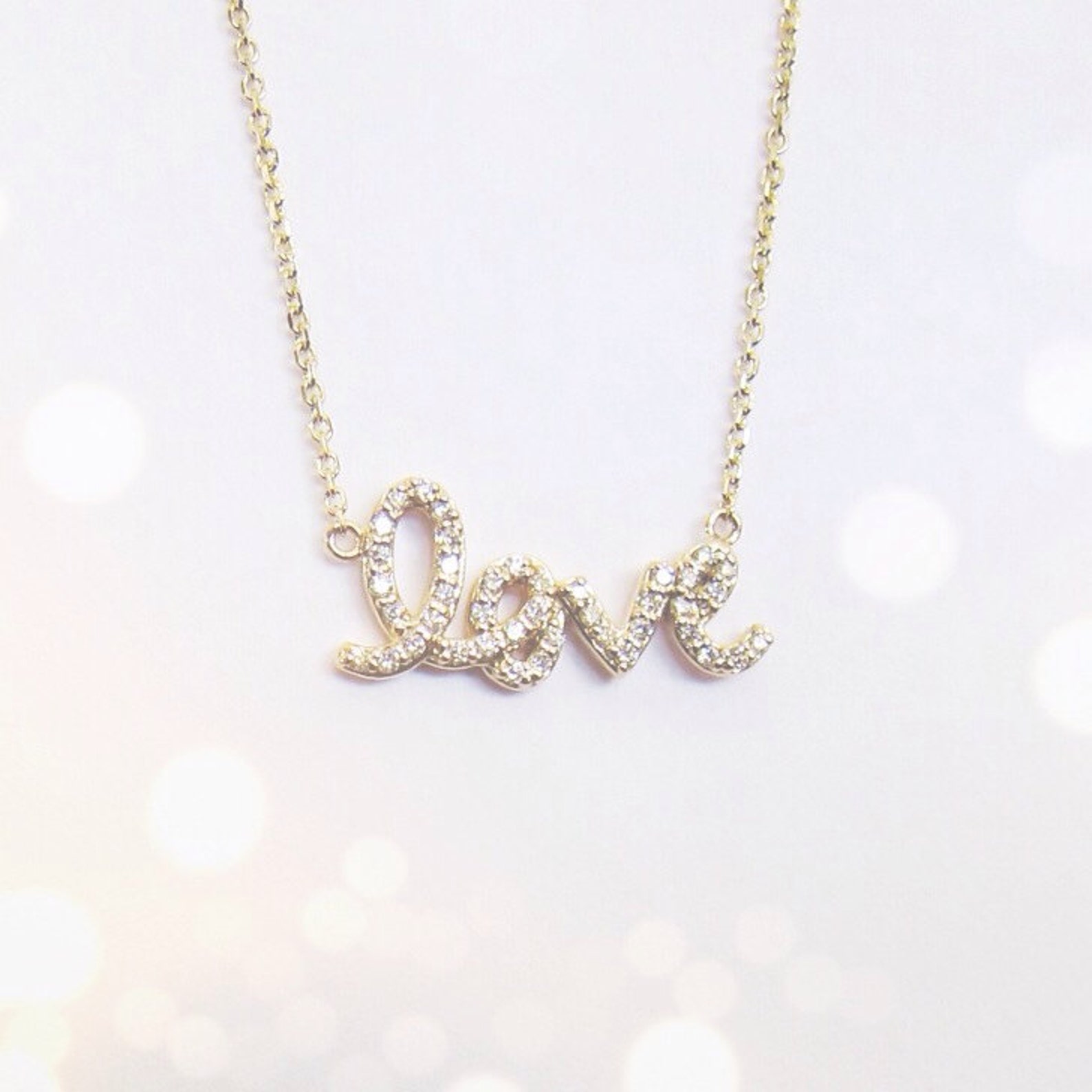14k Gold and Diamond love Script Necklace - Etsy