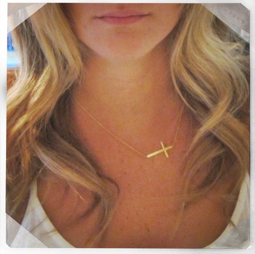 Large 14k Gold Off-center Sideways Cross Necklace - Etsy