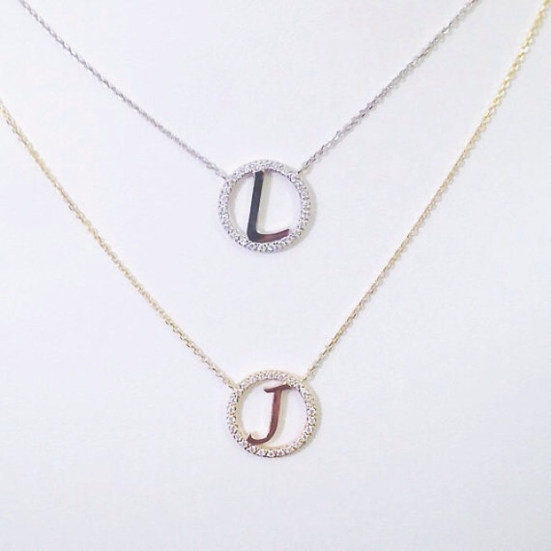 Small Initial Necklace Personalized Round Diamond Charm Gold - Etsy