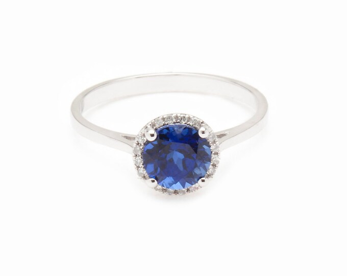 14k White Gold Blue Sapphire Corundum Gemstone Ring With Diamond Halo ...
