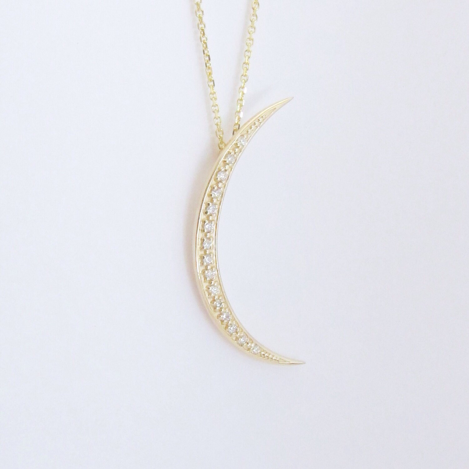 Diamond Crescent Moon Necklace // 14k yellow white or rose | Etsy