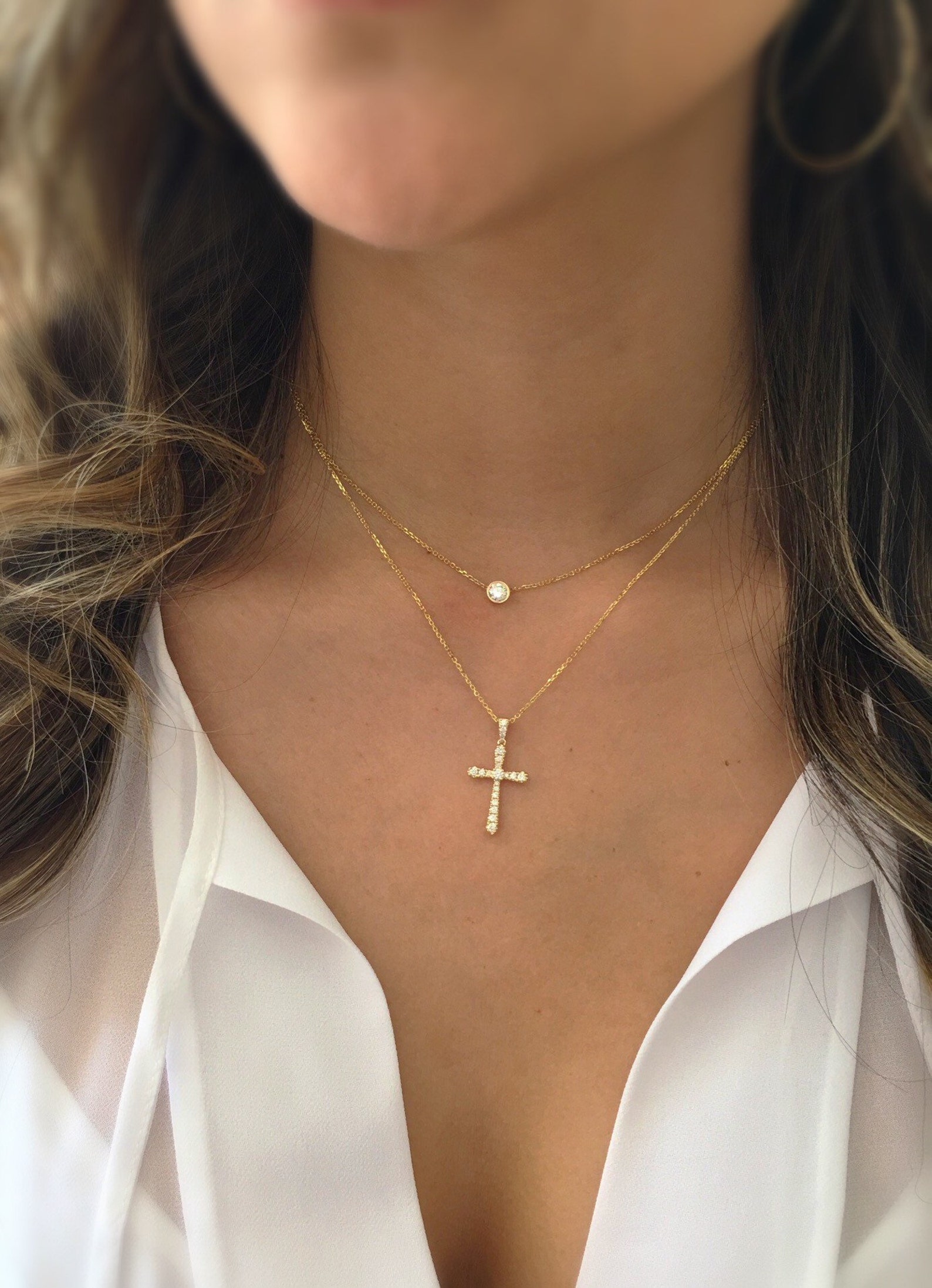 Medium Pave Set Diamond Cross Necklace / 14k White Yellow | Etsy