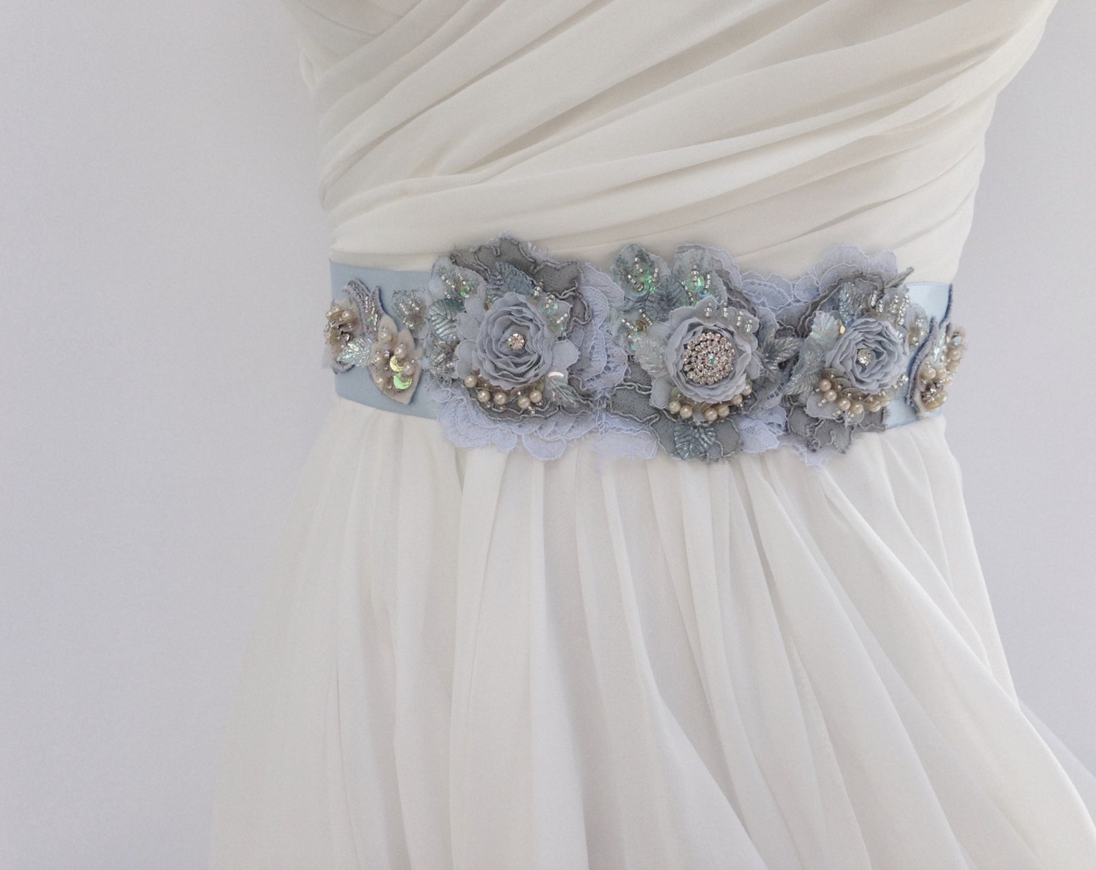 Beaded Lace Bridal Sash Wedding Sash in Soft Bridal Blue With | Etsy