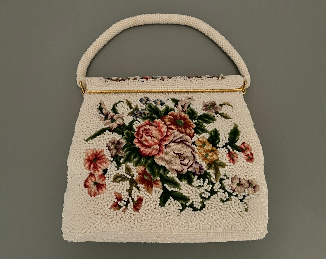 Ivory Floral Vintage Beaded Evening Bag / Bridal Purse / Wedding Clutch ...