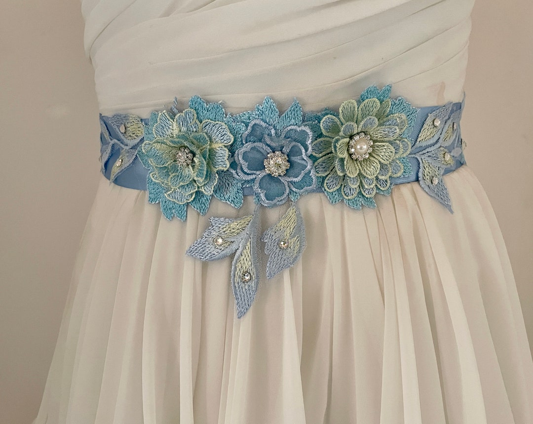 Floral Lace Bridal Sash: Blue Wedding Belt With Swarovski Crystals - Etsy