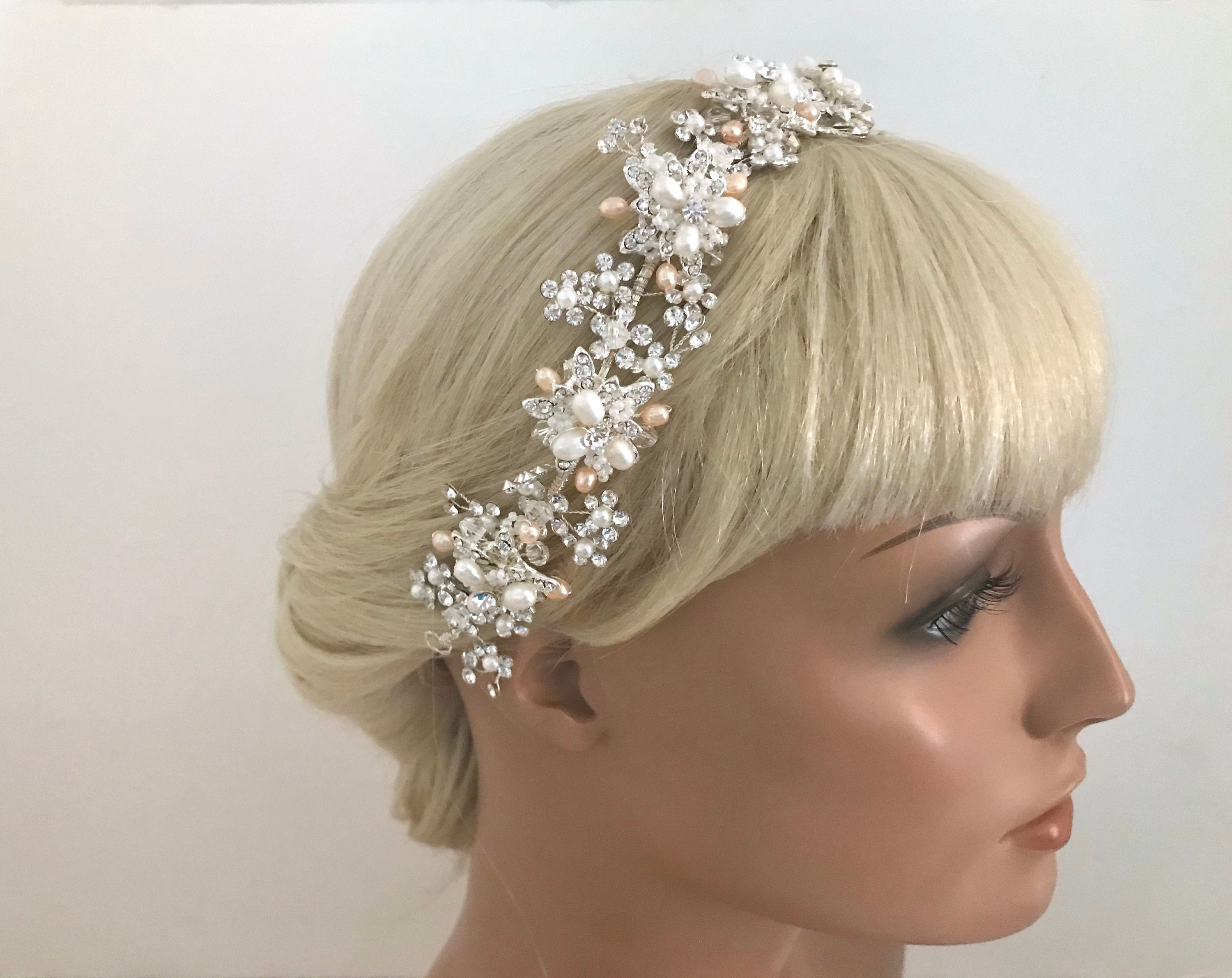 Freshwater Pearl & Crystal Bridal Hair Vine Headpiece / Blush | Etsy
