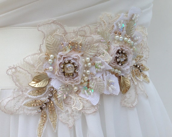 Beaded Lace Bridal SashWedding Sash In Ivory And Gold With | Etsy