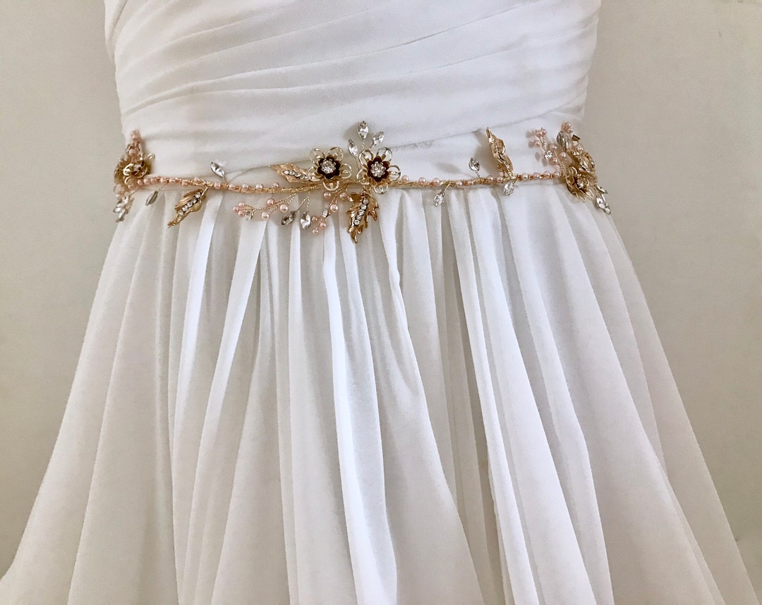 Long Gold Flower Vine Wedding Sash / Crystal Floral Leaf Bridal Sash ...