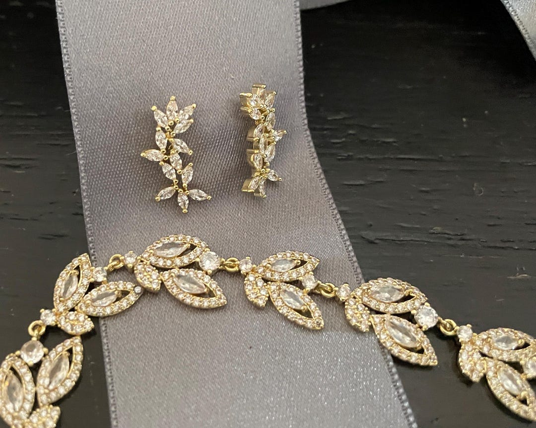 CZ Crystal Leaf Bridal Jewelry Set: Wedding Earrings & Bracelet, Gold ...