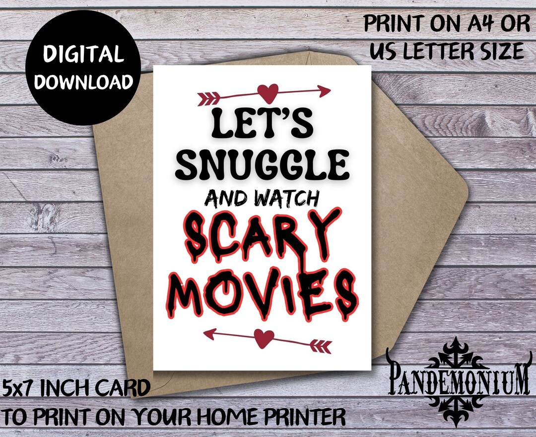 Printable Valentines Day Card, Snuggle & Scary Movies, Digital Download ...