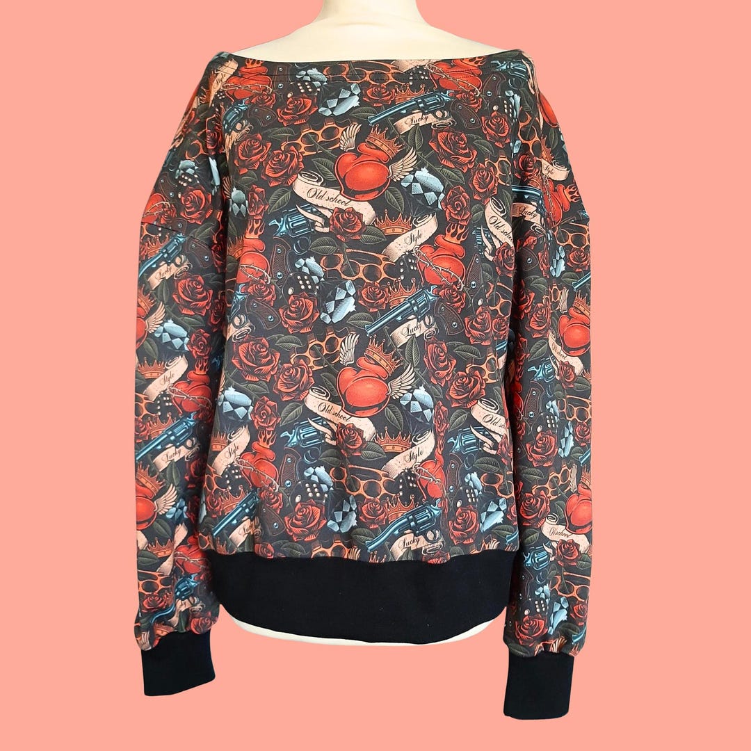 Old School Tattoo Print Boat Neck Sweater M/UK 12-14: Goth Punk Alt ...
