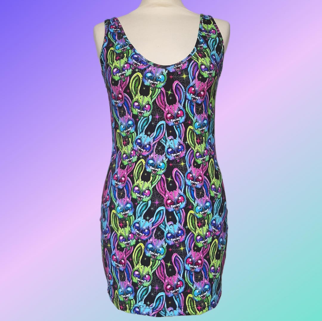 RTS Rabid Rainbow Rabbits Tank Dress S uk 8-10 Crazy Evil Bunny Print ...