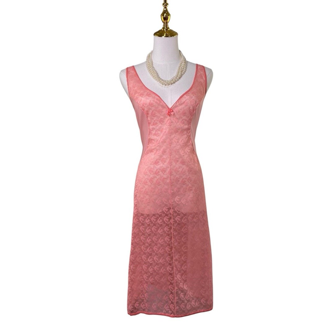 Vintage 60s Coral Nylon Sheer Lace Front Wide Strap Full Slip Dress ...