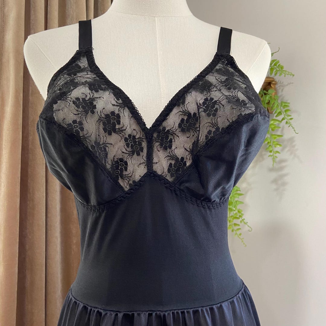Vintage 60s 70s Witchy Pinup Black Nylon Sheer Lace Bra Slip Dress Low ...