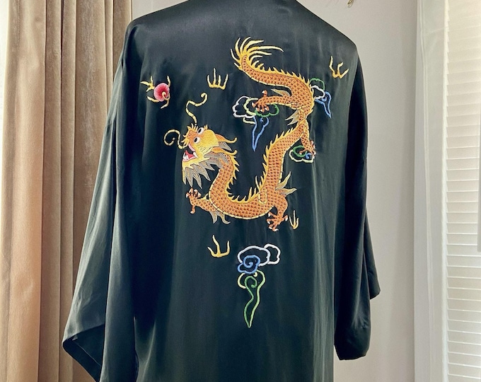 Vintage Golden Dragon Black 100% Silk Dragon Hand Embroidered Kimono ...