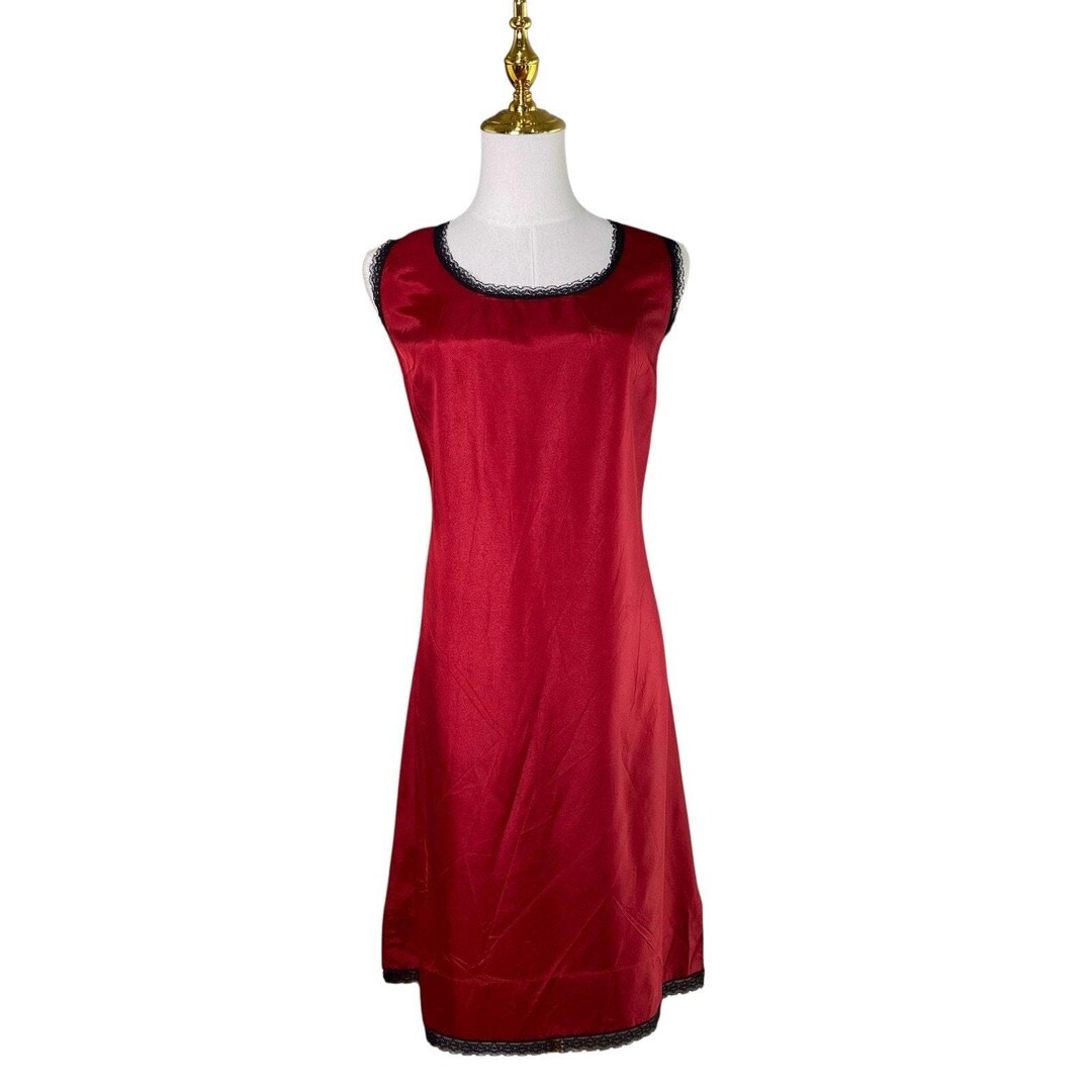 Vintage 60s Whimsigoth Red Silky Taffeta Black Lace Trim Full Slip ...
