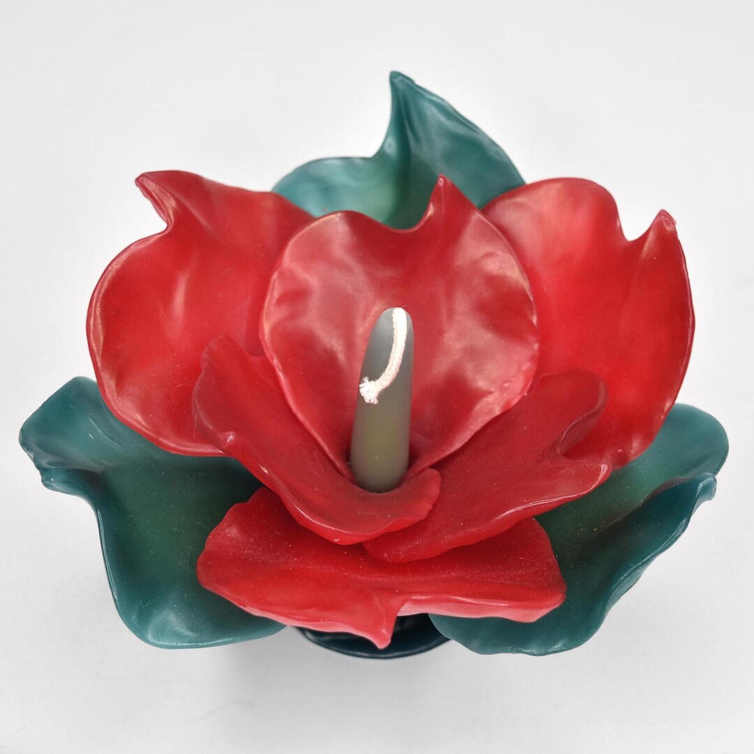 Vintage 1990s Handmade Red Flower Green Leaves Candle, Wax Sculpture, 6 ...