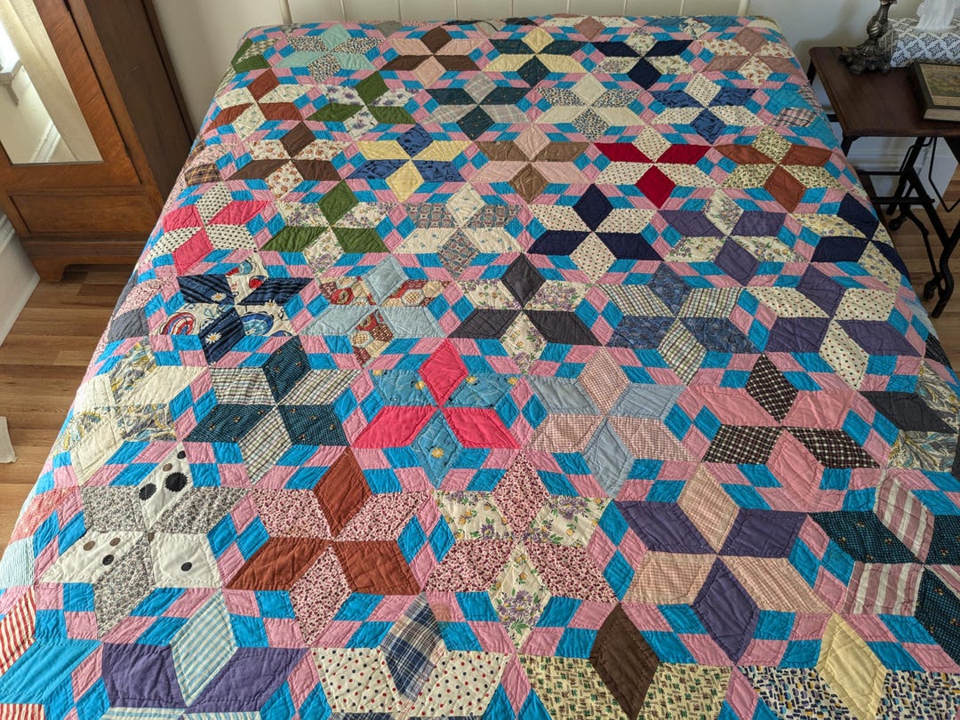 Colorful Continuous Six Point Star Quilt, Vintage Interlocking Diamond ...