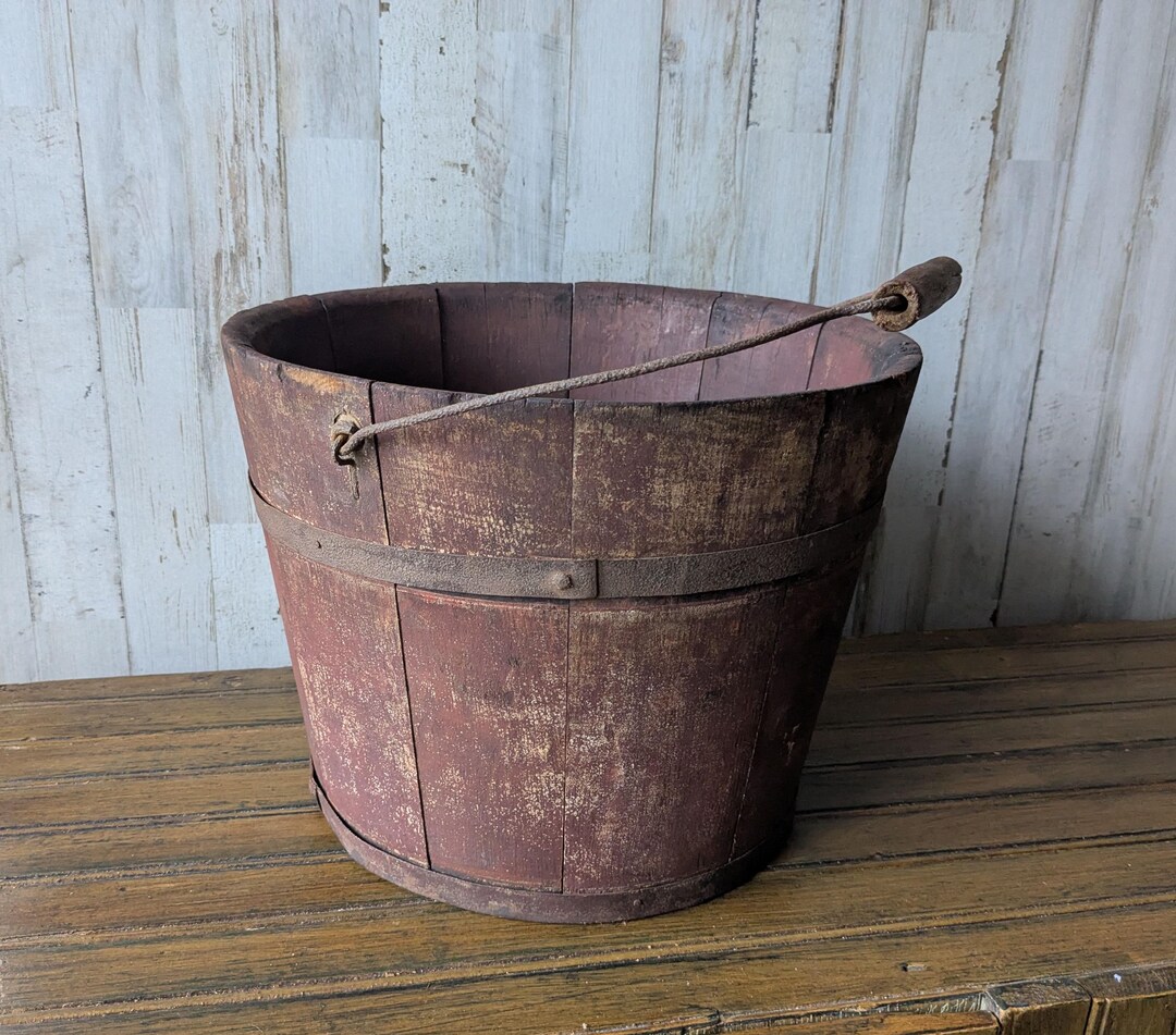 Primitive Wood Bucket With Wood Handle and Metal Bands, Large Antique ...