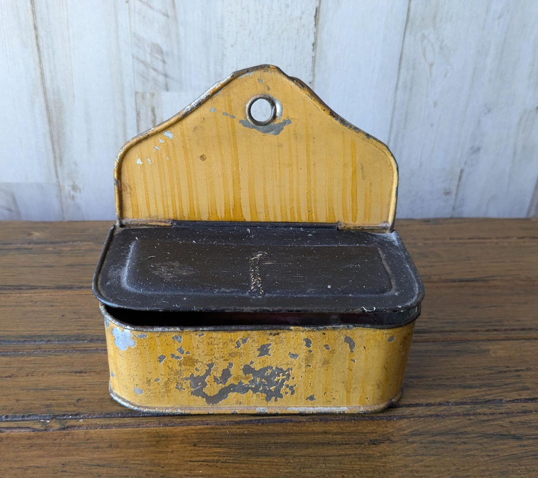 Primitive Tin Match Holder, Vintage Metal Box Caddy, Antique Dark Gold ...