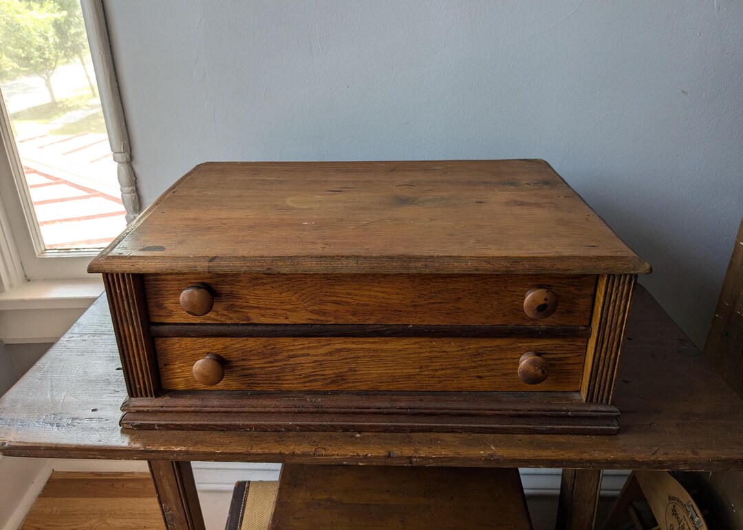Antique Two Drawer Spool Cabinet, Wood Tabletop Thread Holder, Store ...