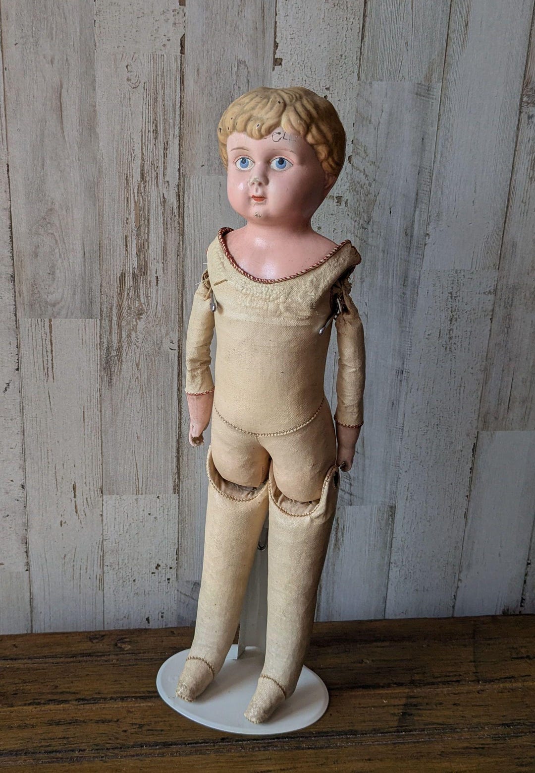 Antique German Minerva Doll, 15" Tall, Leather Body, Painted Tin Head ...