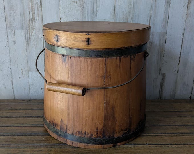 Vintage 10" Bucket With Lid, Metal Bands, Wire Handle Wood Bail ...