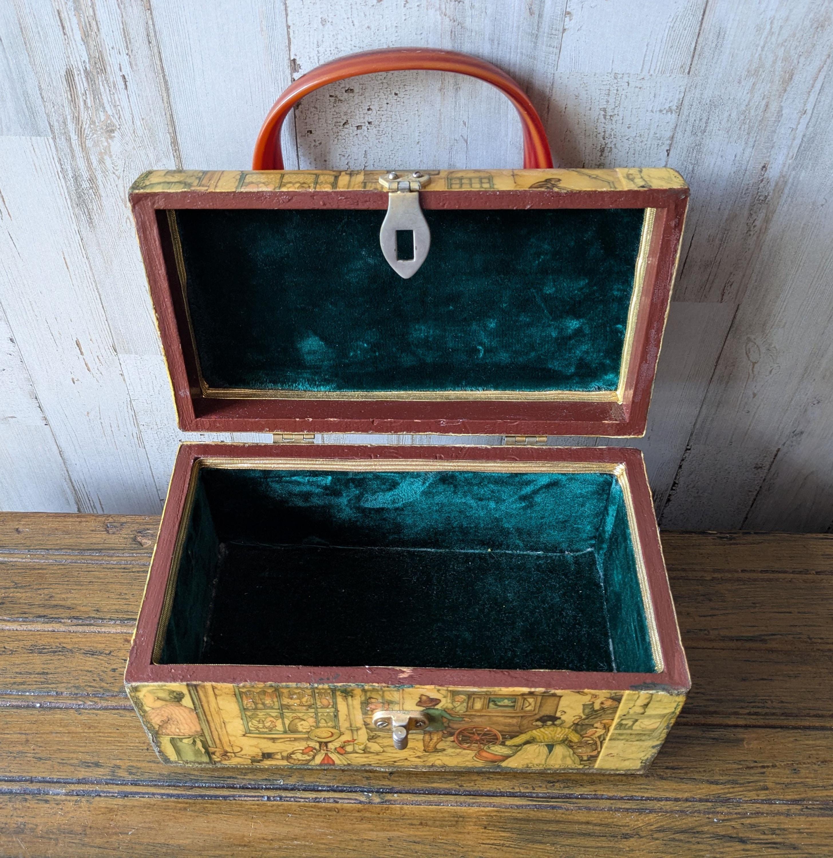 Anton Pieck Decoupage Wood Box Purse, Striped Lucite Handle, European ...