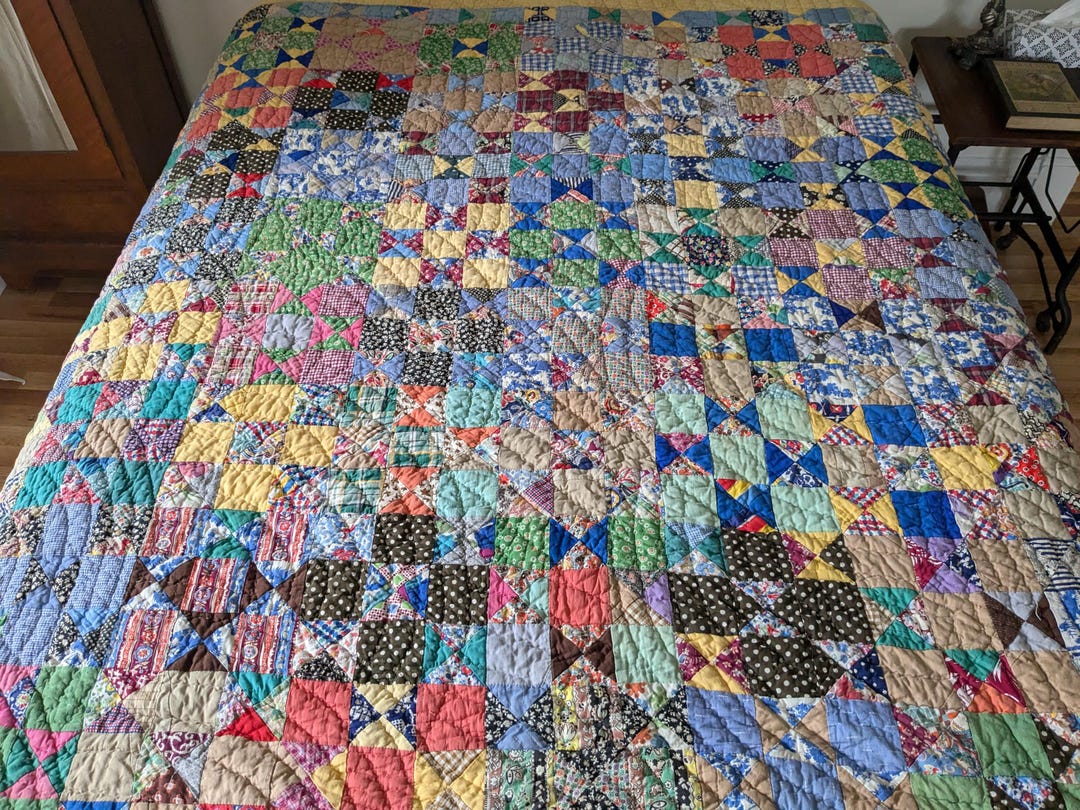 Colorful Patchwork Quilt, Beautiful Quilted Farmhouse Feedsack Blanket ...