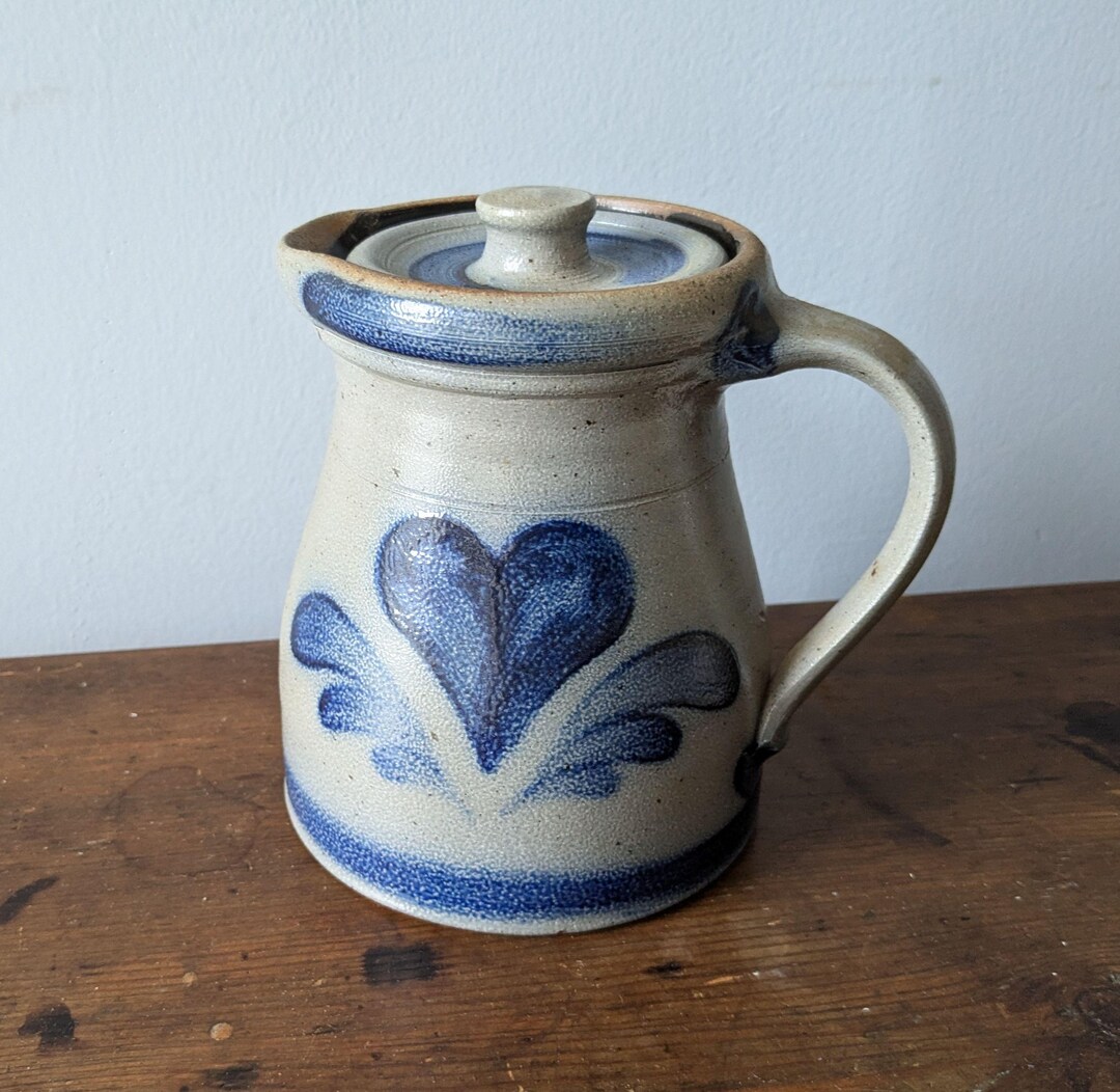 Rowe Pottery Pitcher & Lid, 5 3/4" Tall, Cobalt Heart, Feathers, Salt ...