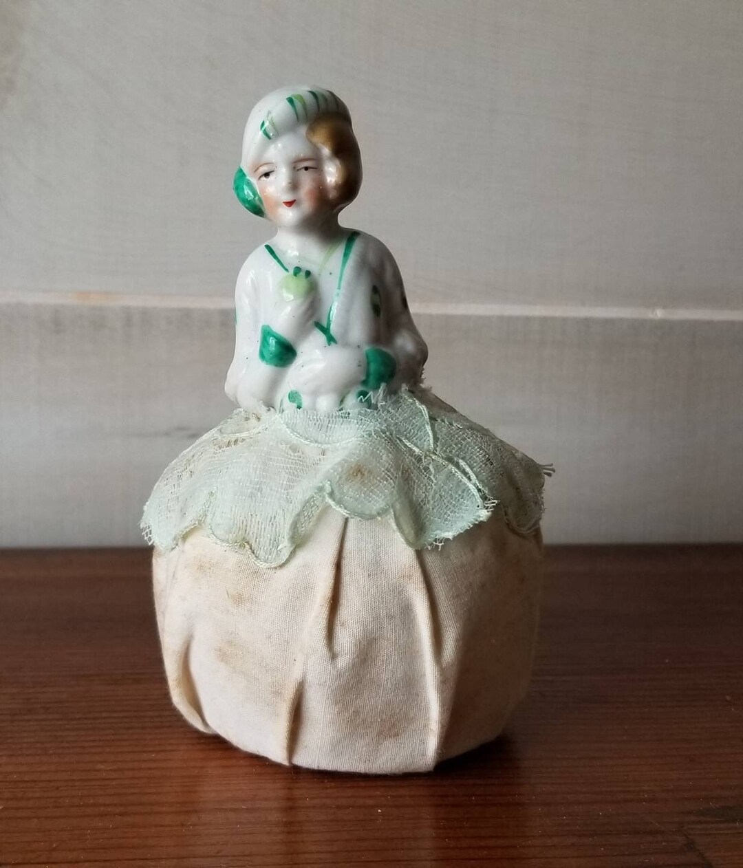 Half Doll Lady Pin Cushion, 1930's Green Print Sweater & Hat Outfit ...