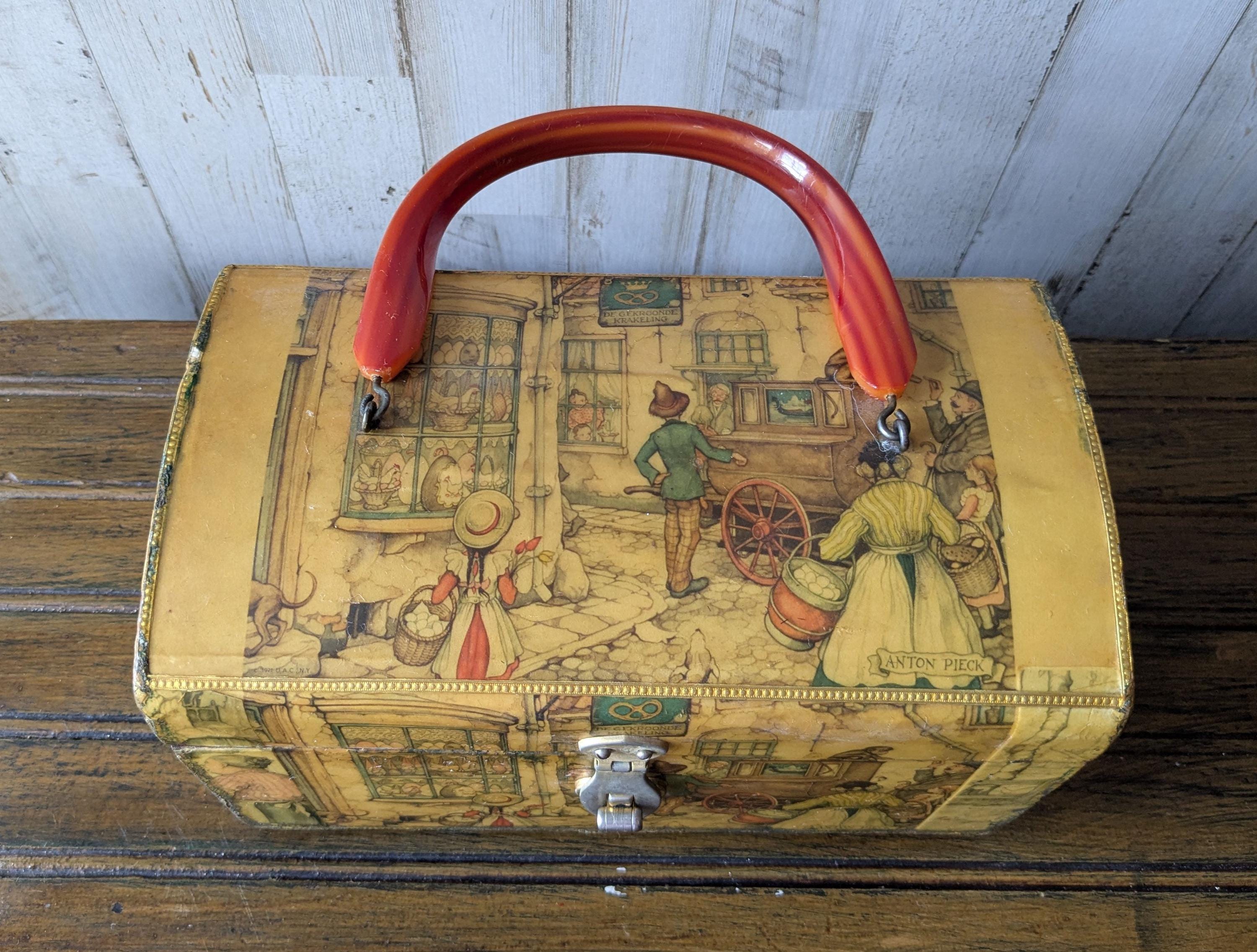 Anton Pieck Decoupage Wood Box Purse, Striped Lucite Handle, European ...