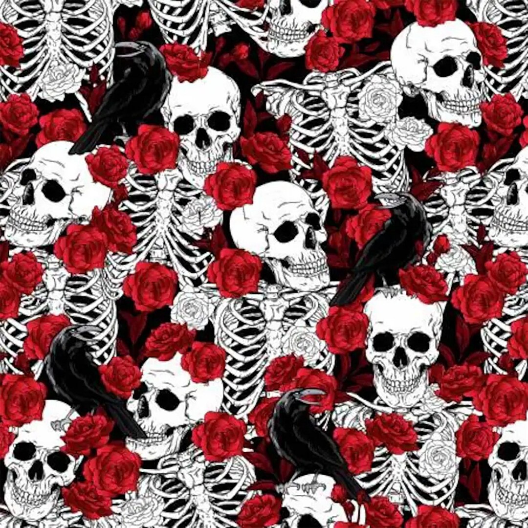 Skulls and Red Roses, Fabric Traditions, Quilters Cotton, Novelty ...