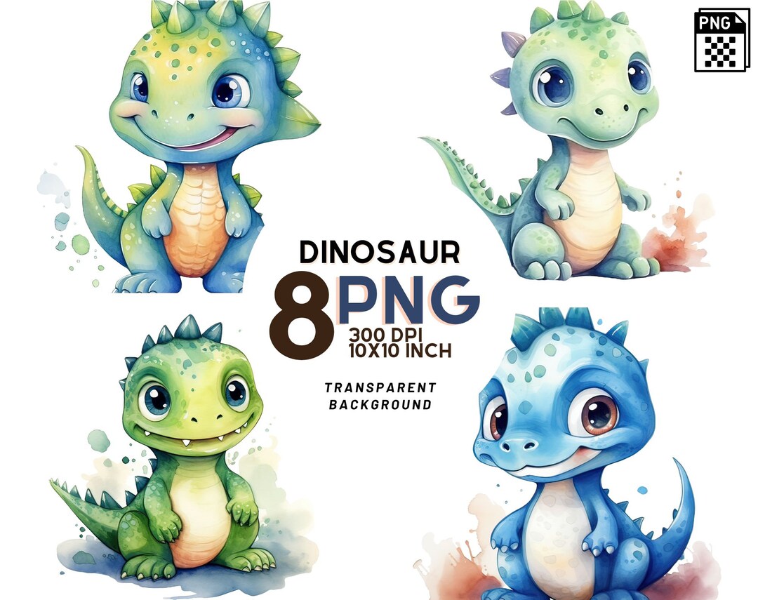 Watercolor Cute Dinosaur Clipart: 8 Quality Pngs 300 DPI, Ideal for ...