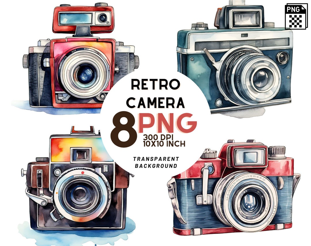 Watercolor Retro Photo Cameras Clipart - 8 High-resolution PNG for ...