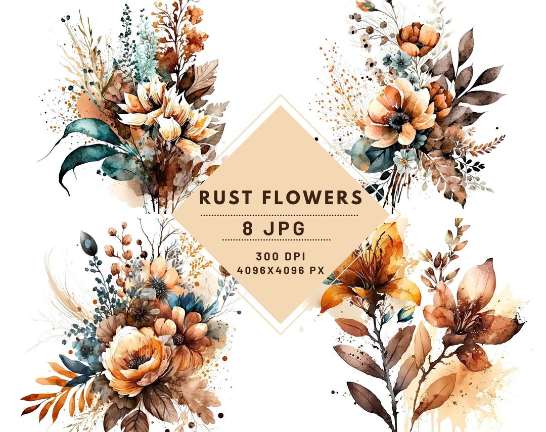 Rust Flowers Bouquet Watercolor Clipart: 8 High-quality Jpgs - Etsy