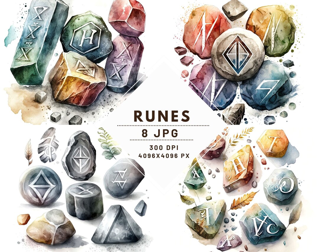Conjunto de ilustraciones de acuarela de runas: 8 JPG de alta calidad ...