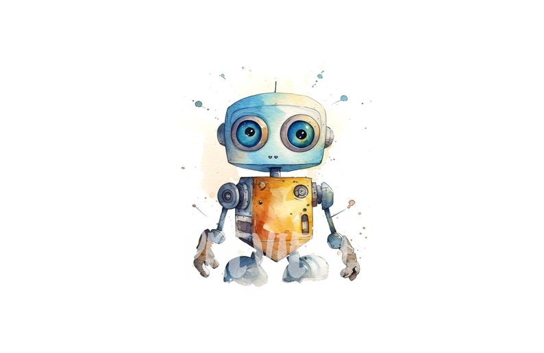 Watercolor Cute Robots Clipart 8 High-resolution JPG for - Etsy
