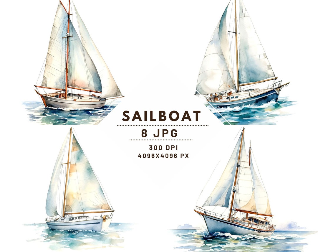 Sailboat Watercolor Clipart: 8 Jpgs 300 DPI Illustrations Halloween ...