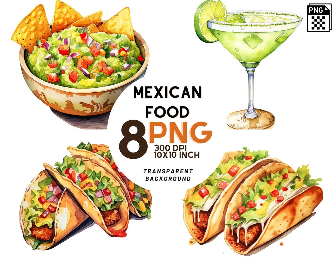 Watercolor Mexican Food Clipart: 8 Quality Pngs, 300 DPI Ideal for ...