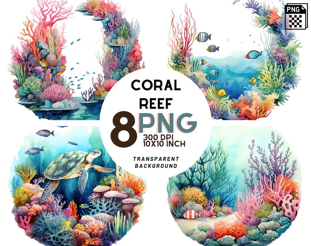 Watercolor Coral Reef Frames Set: 8 High-quality 300 DPI Pngs, Digital ...