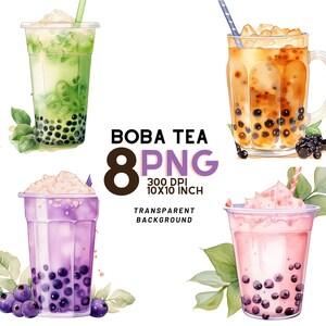 Watercolor Boba Tea Clipart - 8 High-resolution Pngs 300 DPI, Digital ...