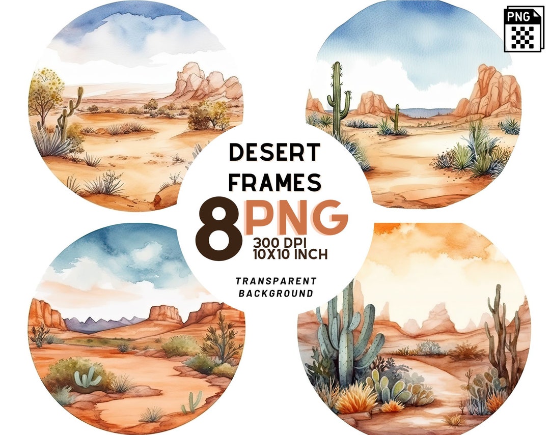 Watercolor Desert Landscape Frames Set: 8 High-quality 300 DPI Pngs ...
