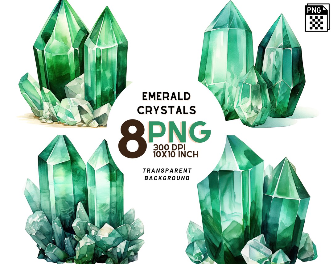 Green Emerald Crystals Watercolor Clipart: 8 Pngs 300 DPI Illustrations ...