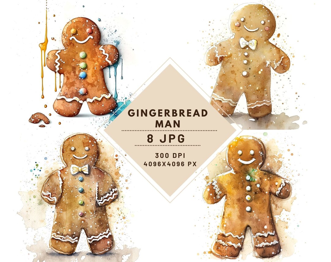 Watercolor Christmas Gingerbread Man Clipart: 8 High-quality - Etsy
