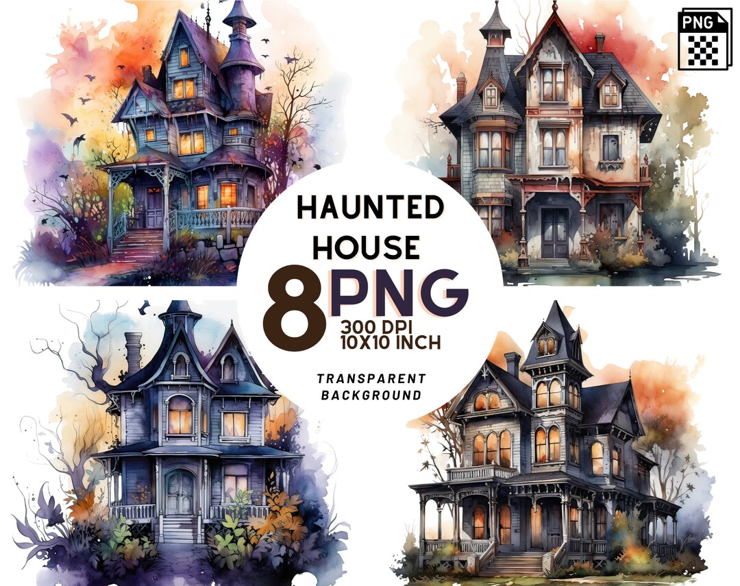 Haunted House Watercolor Clipart: 8 Pngs 300 DPI Illustrations ...